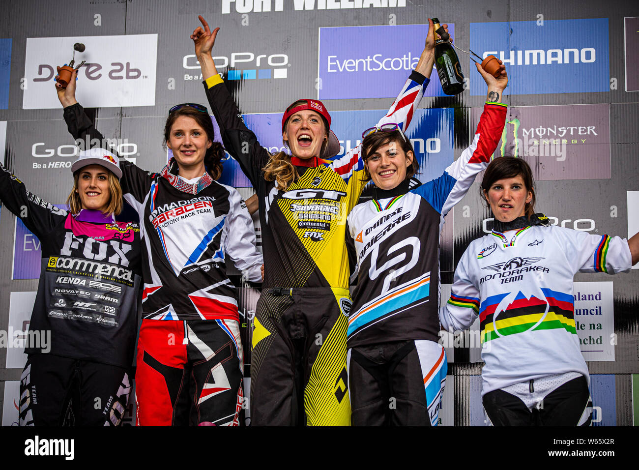 JUNE 9, 2013 - FORT WILLIAM, SCOTLAND. UCI MTB DH World Cup podium: 1. Rachel Atherton, 2. Manon ...