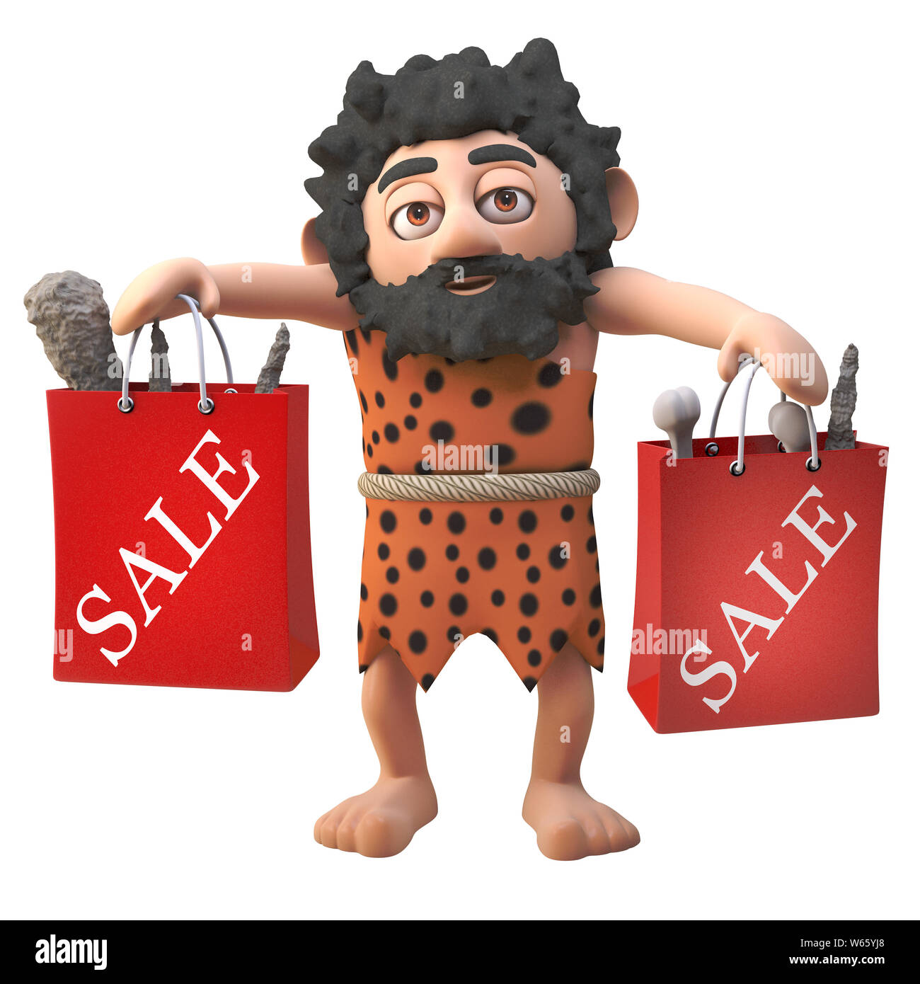 3d cartoon hairy caveman cartoon character with sale shopping bags full ...