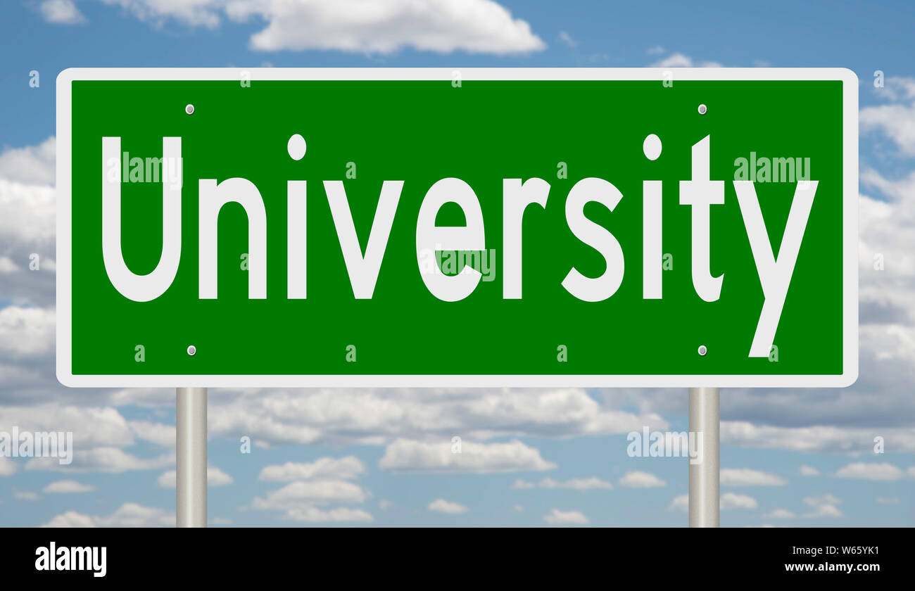 Rendering of a green highway sign for University Stock Photo - Alamy