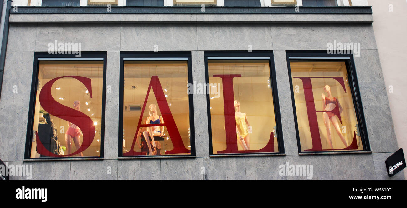 Sales in shopping area Munich, display decoration with sale signs Stock ...