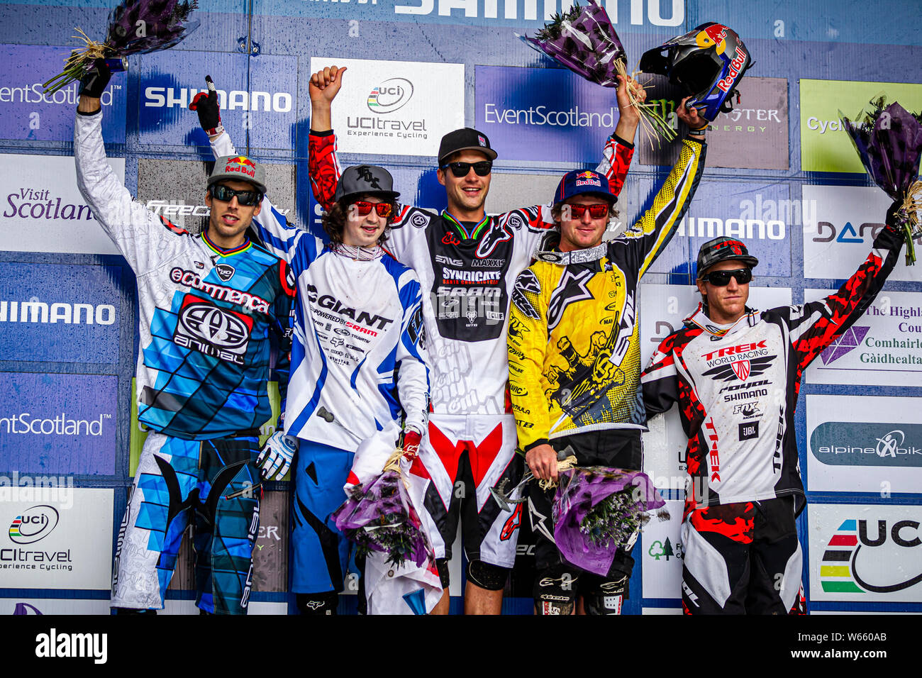 JUNE 5, 2011 - FORT WILLIAM, SCOTLAND. UCI MTB World Cup DH podium 1. Greg Minnaar (RSA), 2 ...