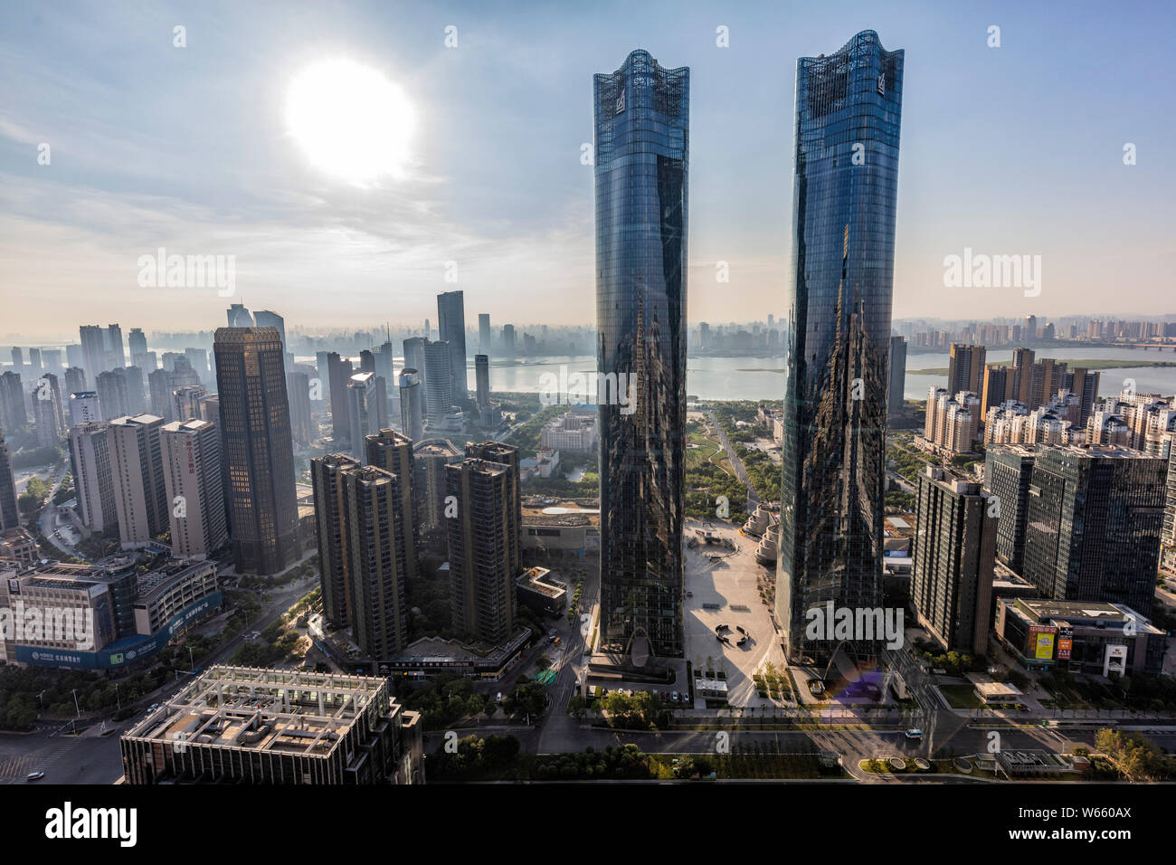 Cityscape of the twin tower with world's largest LED wall, covering an ...