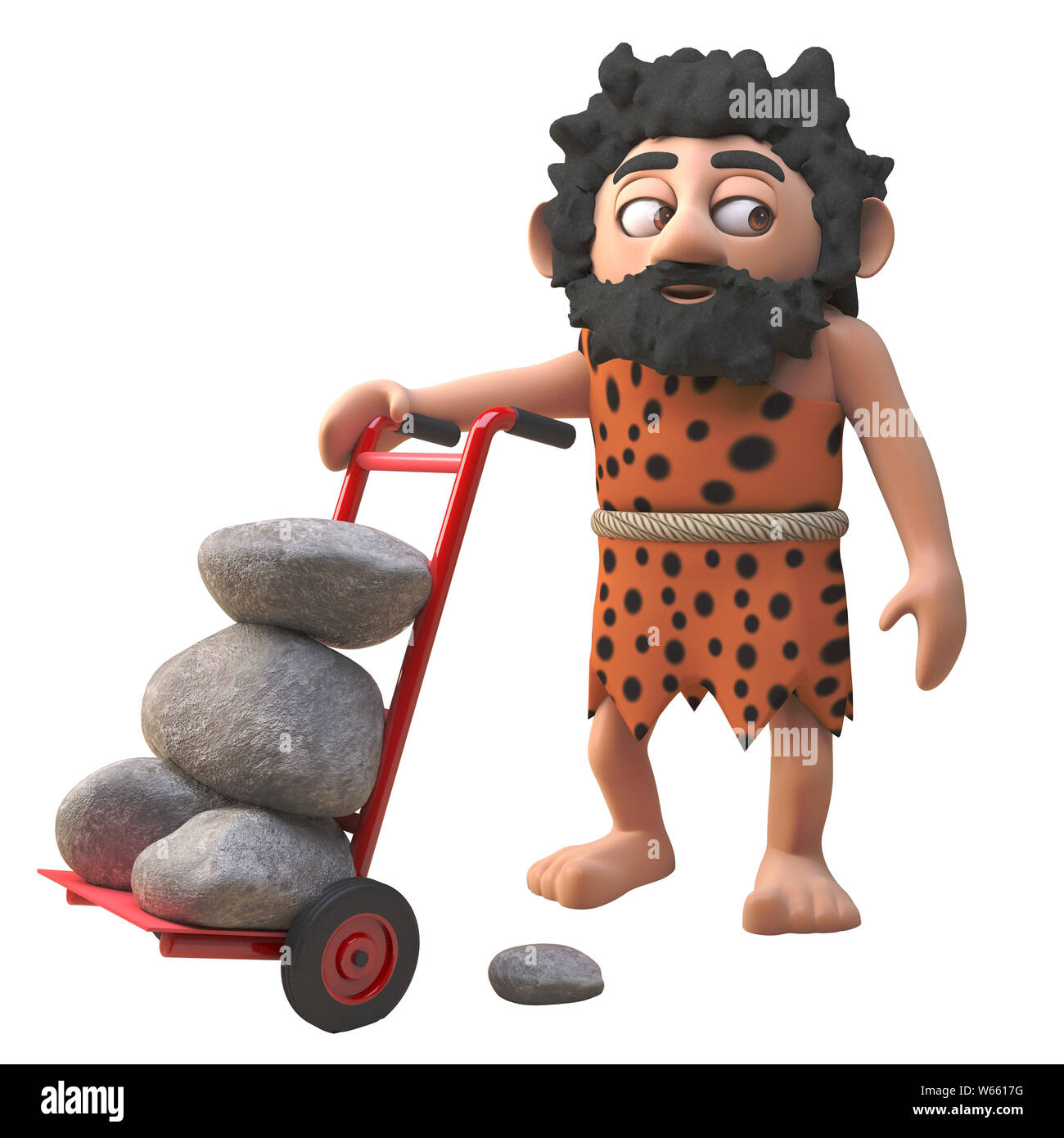 Satisfied 3d cartoon caveman character has a hand cart full of rocks ...