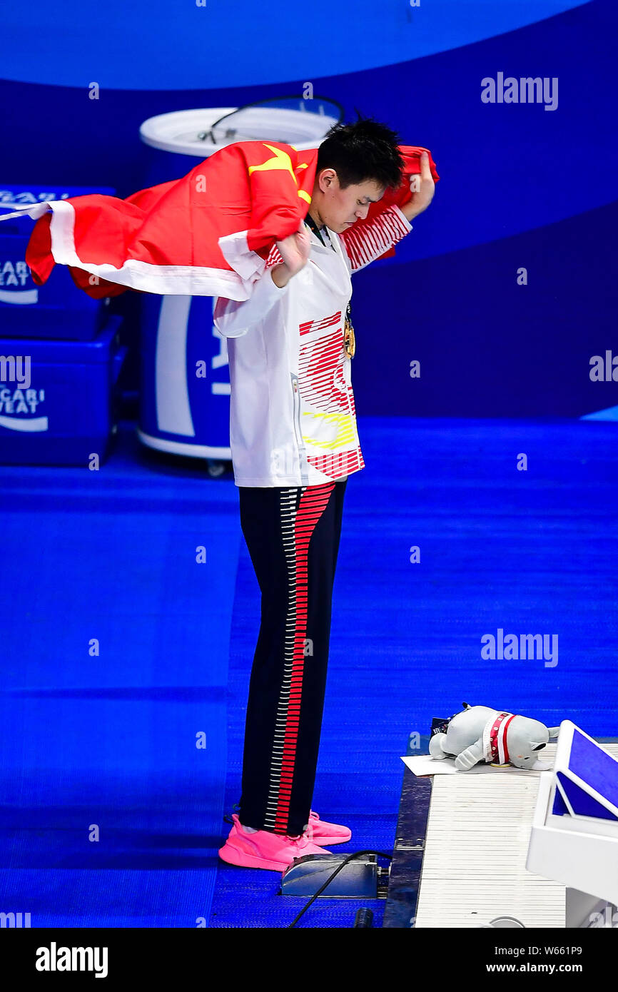 Gold medalist Sun Yang of China celebrates after the medal ceremony of ...
