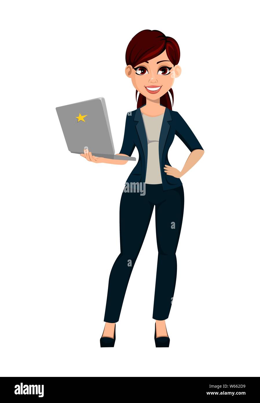 Young beautiful business woman holds modern laptop. Cute female cartoon ...
