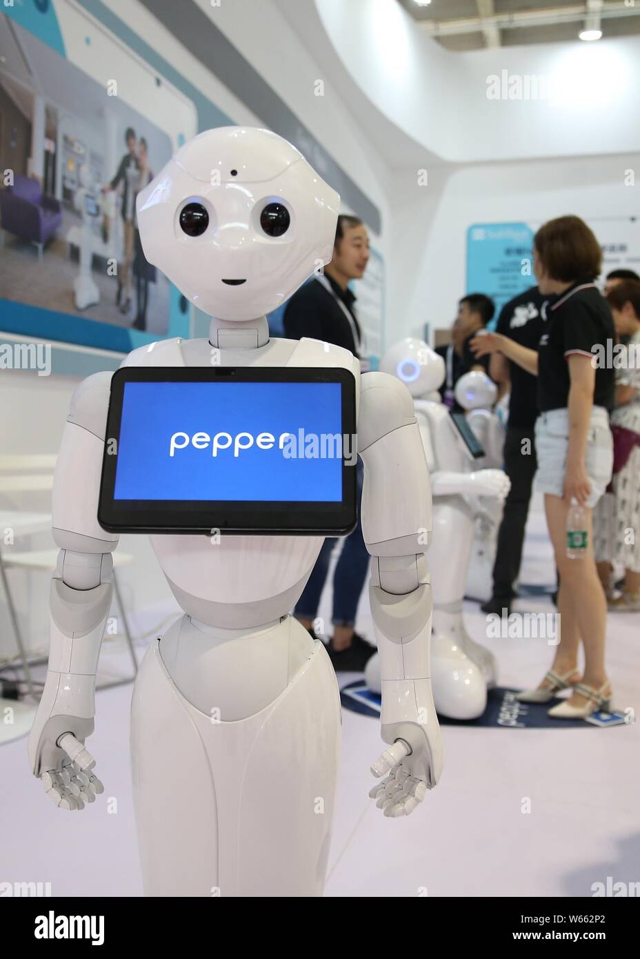 Pepper, a semi-humanoid robot manufactured by SoftBank Robotics, is on ...