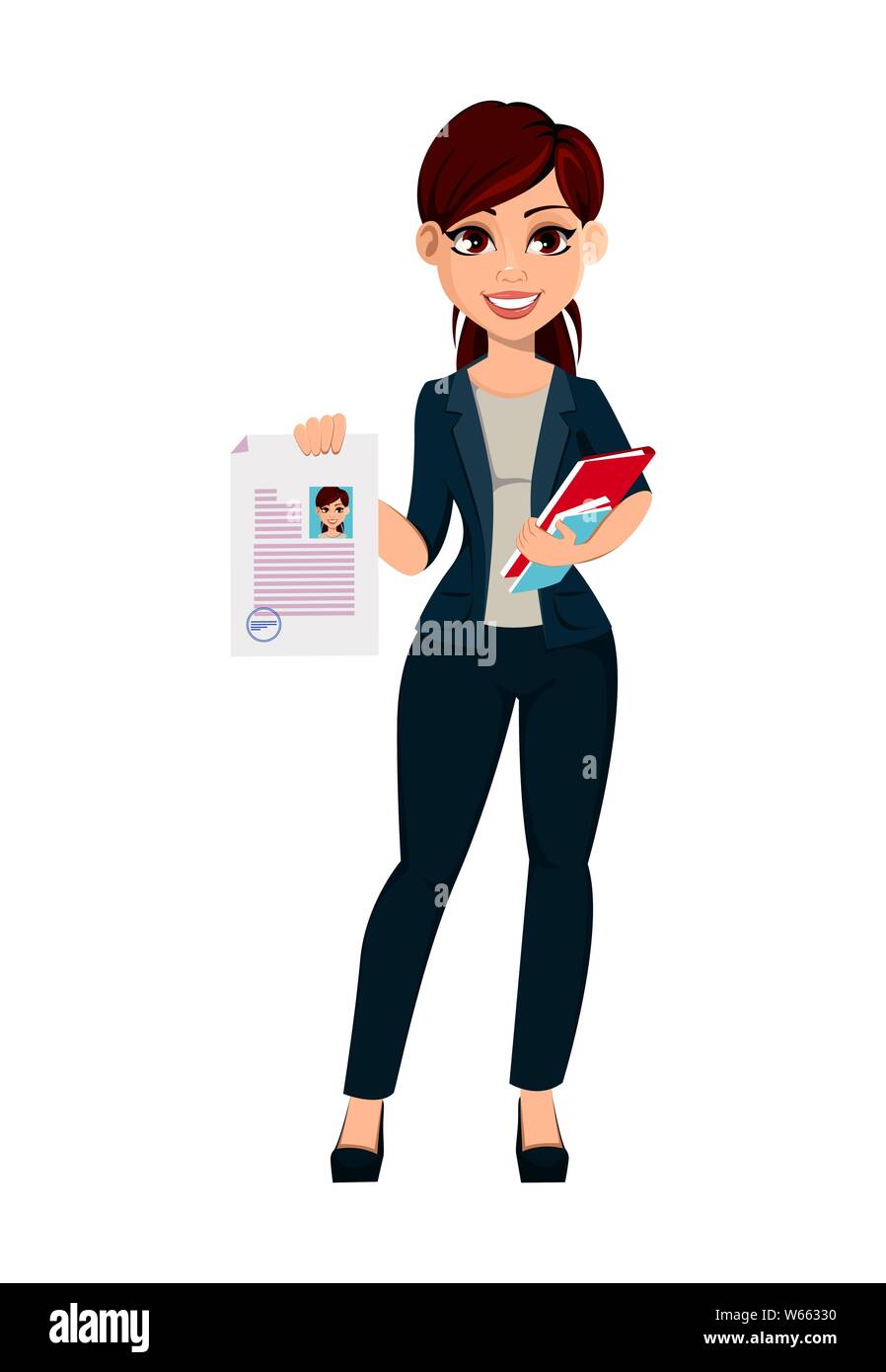Young beautiful business woman holds documents. Cute female cartoon ...