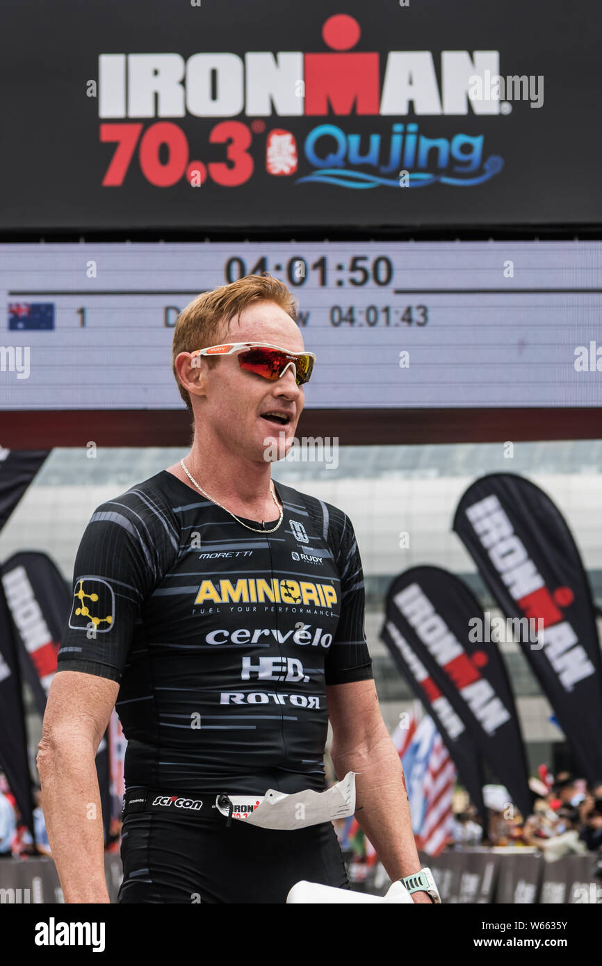 David Dellow of Australia reacts after dashing through the finish line ...
