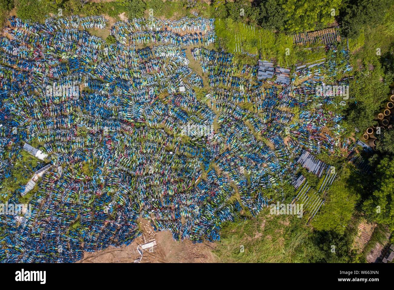 An aerial view of abandoned bicycles of Chinese bike-sharing services ...