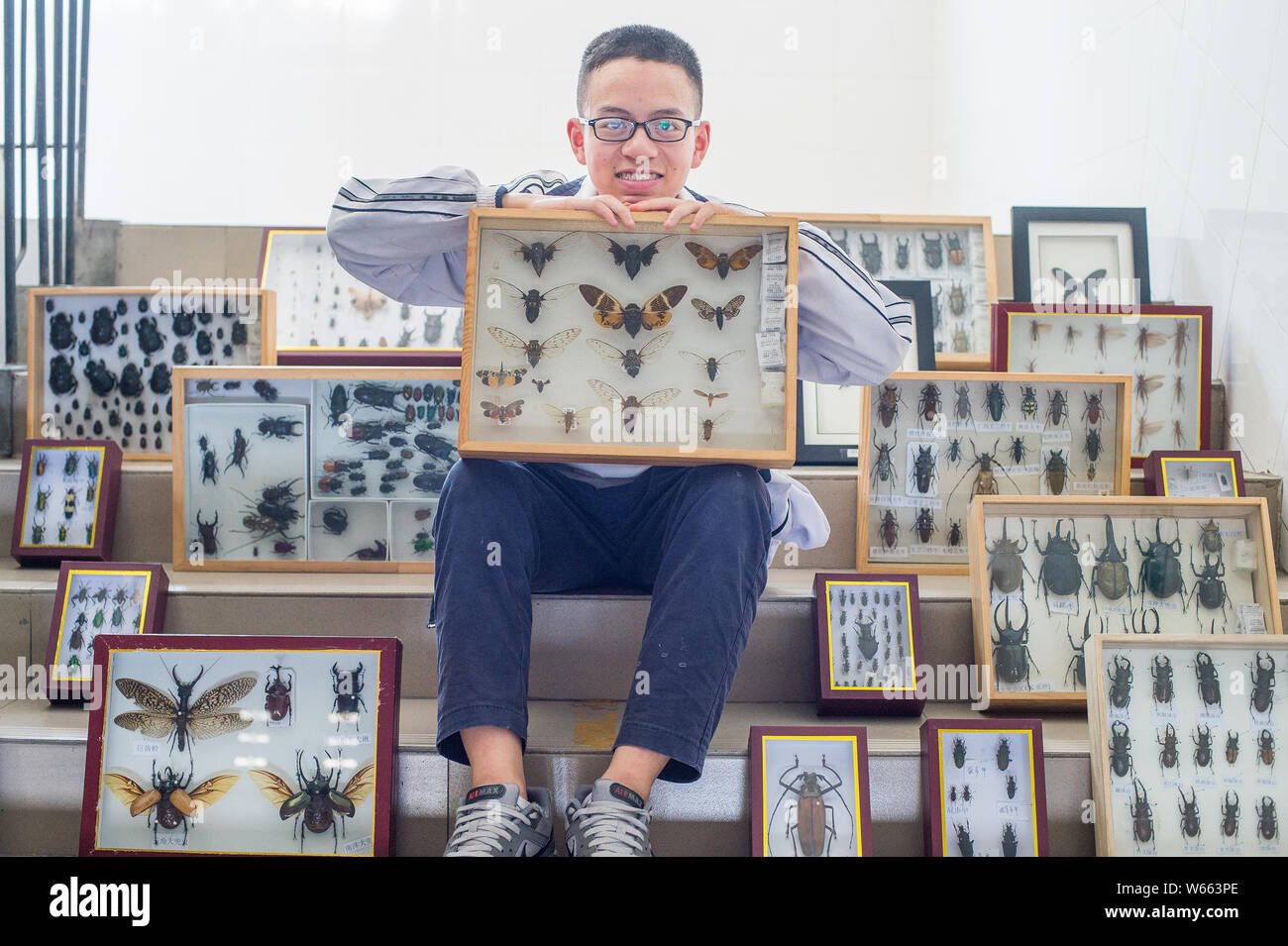 --FILE--16-year-old Chinese boy Xiong Haoyang poses for photos with more than 800 insect ...