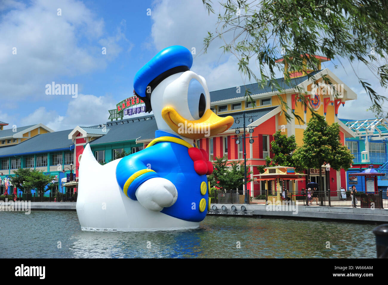 An 11-meter-tall inflatable Donald Duck is on display at the lakeside ...