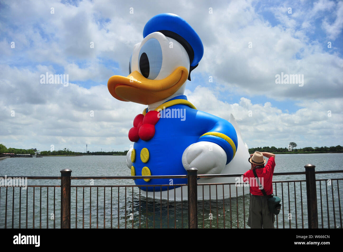 An 11-meter-tall inflatable Donald Duck is on display at the lakeside ...