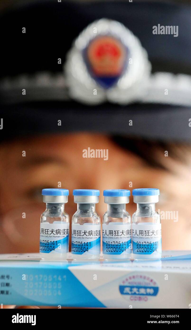 A Chinese law enforcement officer examines rabies vaccines at the ...