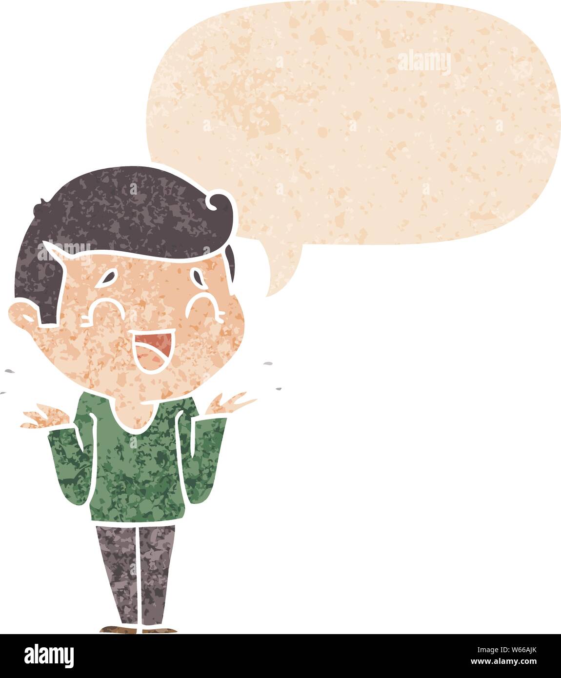 cartoon laughing confused man with speech bubble in grunge distressed ...