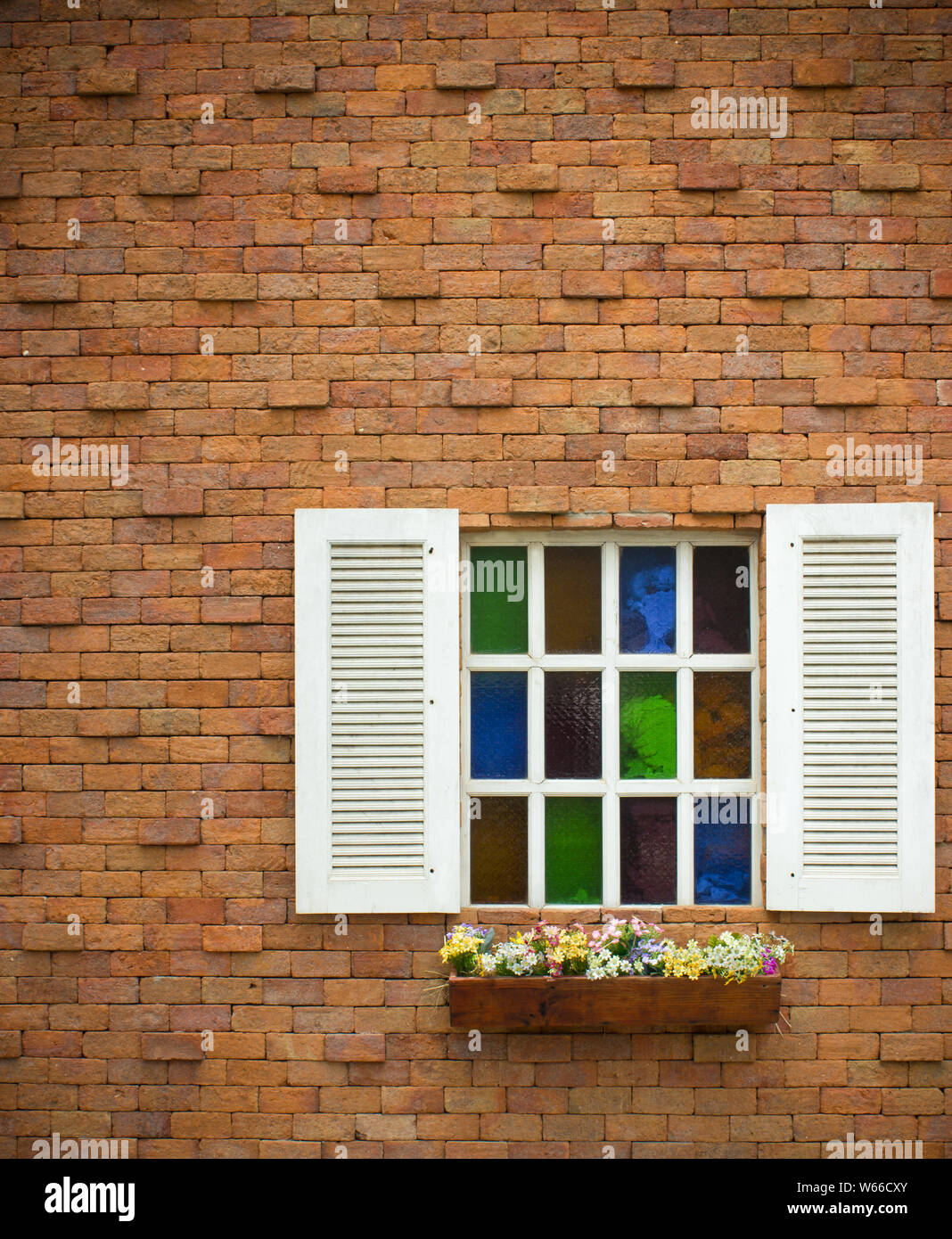 Opened glass window on brick facade Stock Photo - Alamy