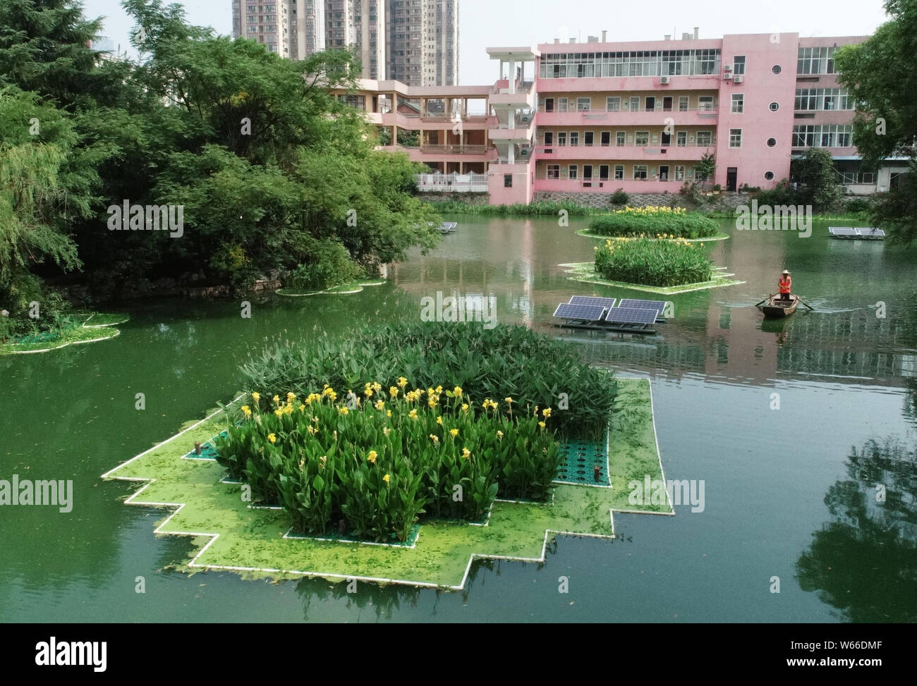 Aerial view of artificial floating islands set in a river for water ...