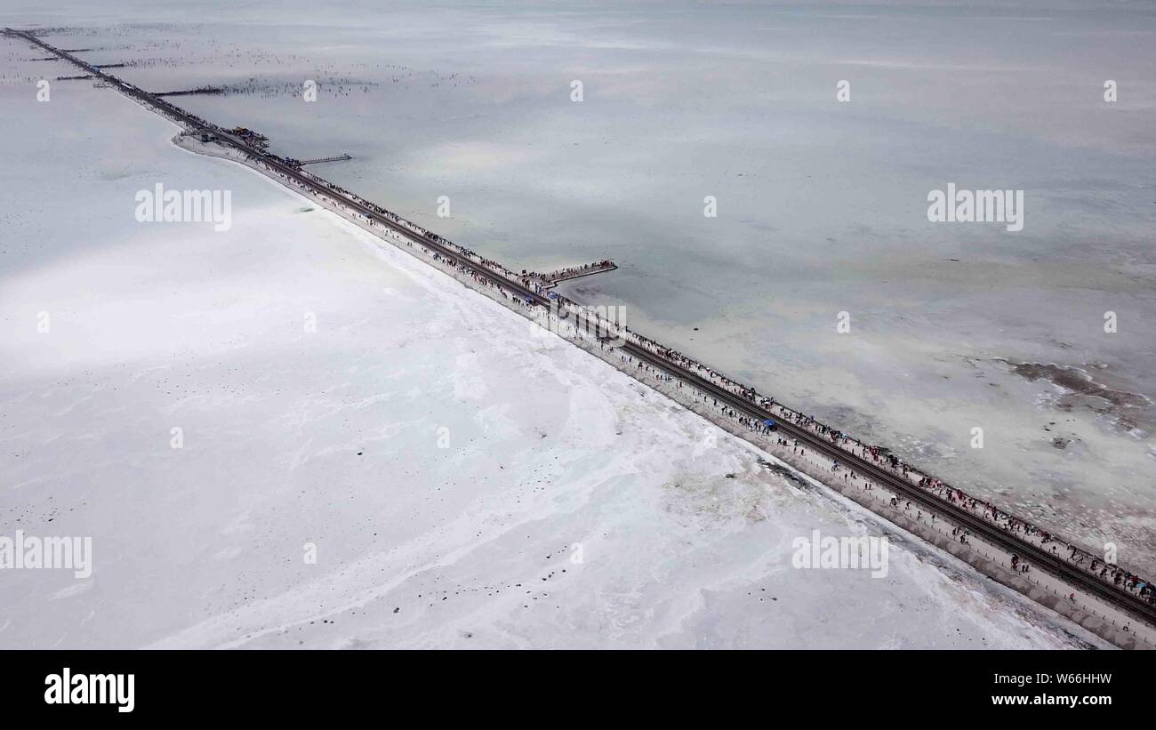 An aerial view of the Chaka Salt Lake (Caka Salt Lake), known as the ...