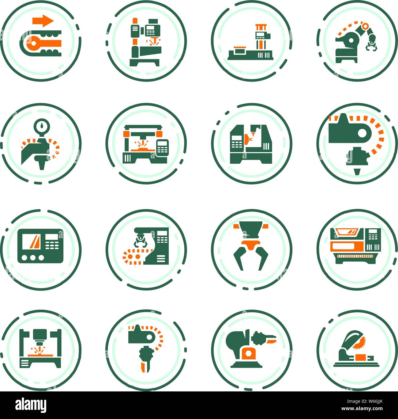 Vector machine tool icons set. Work and factory, production industrial ...