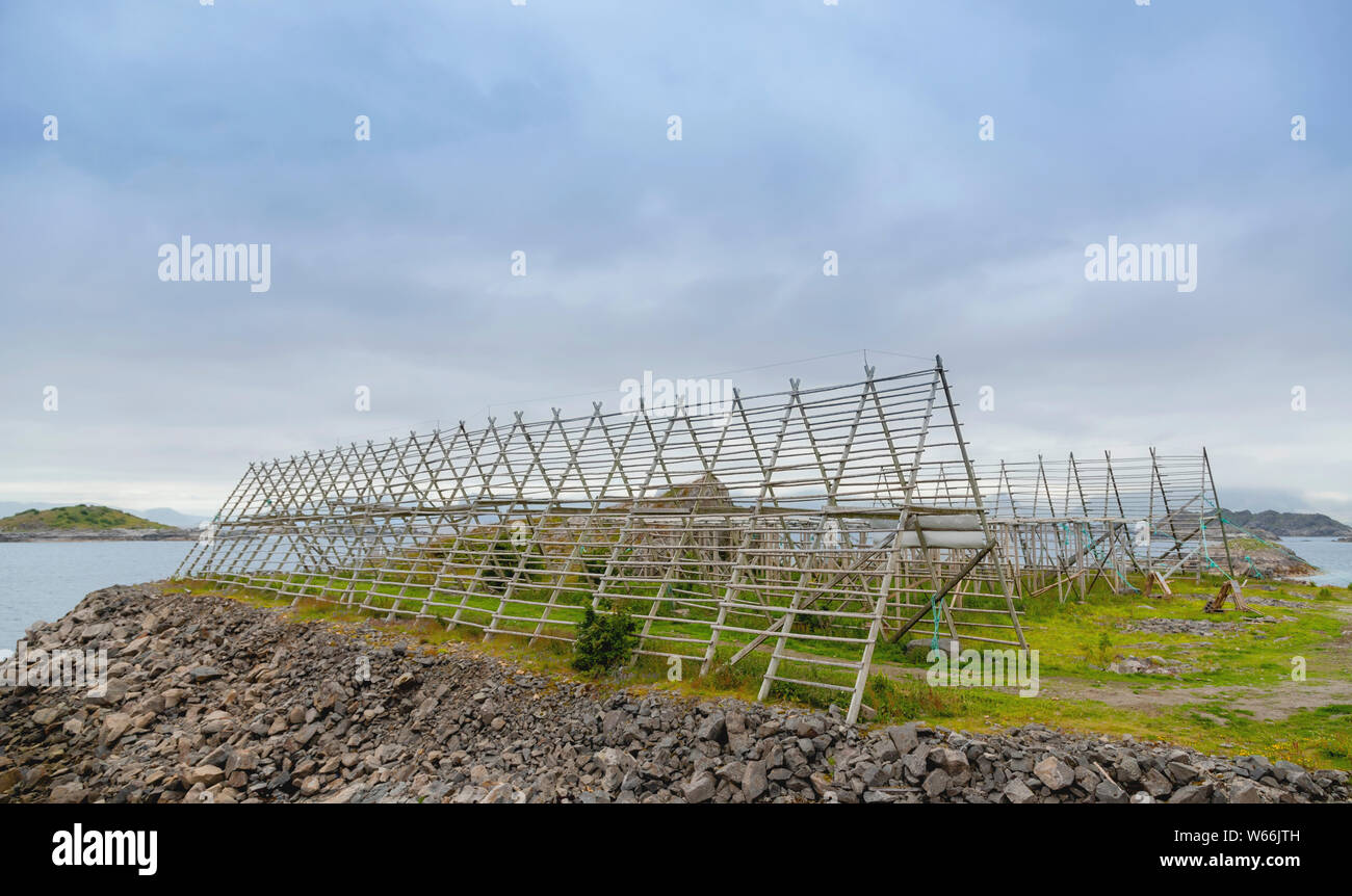 Typical scene in Northern Norway: Wooden racks used for drying cod to ...