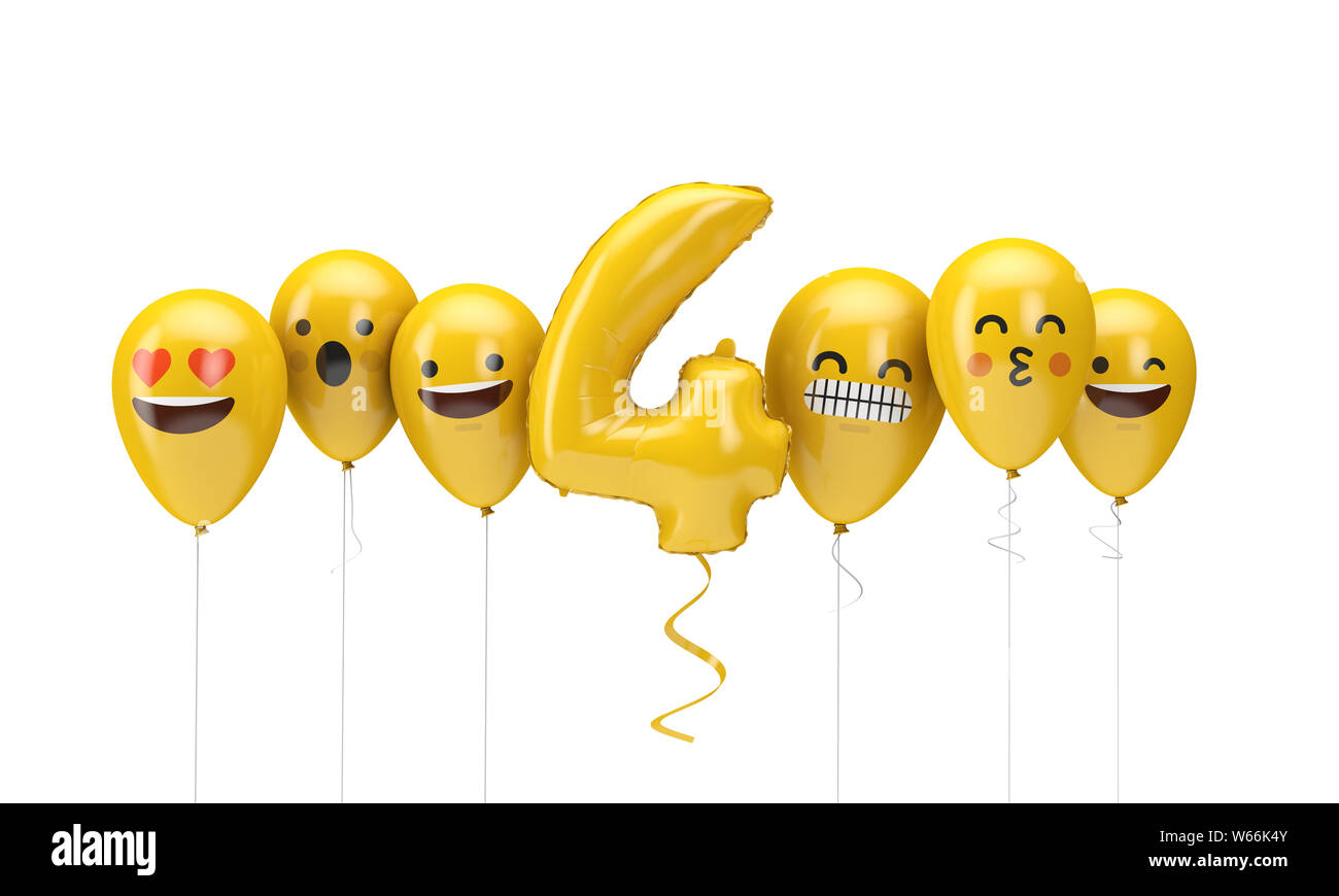 Number 4 yellow birthday emoji faces balloons. 3D Render Stock Photo ...