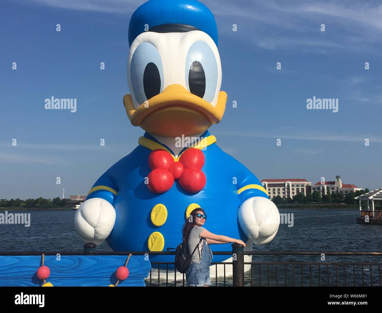 An 11-meter-tall inflatable Donald Duck is on display at the lakeside ...