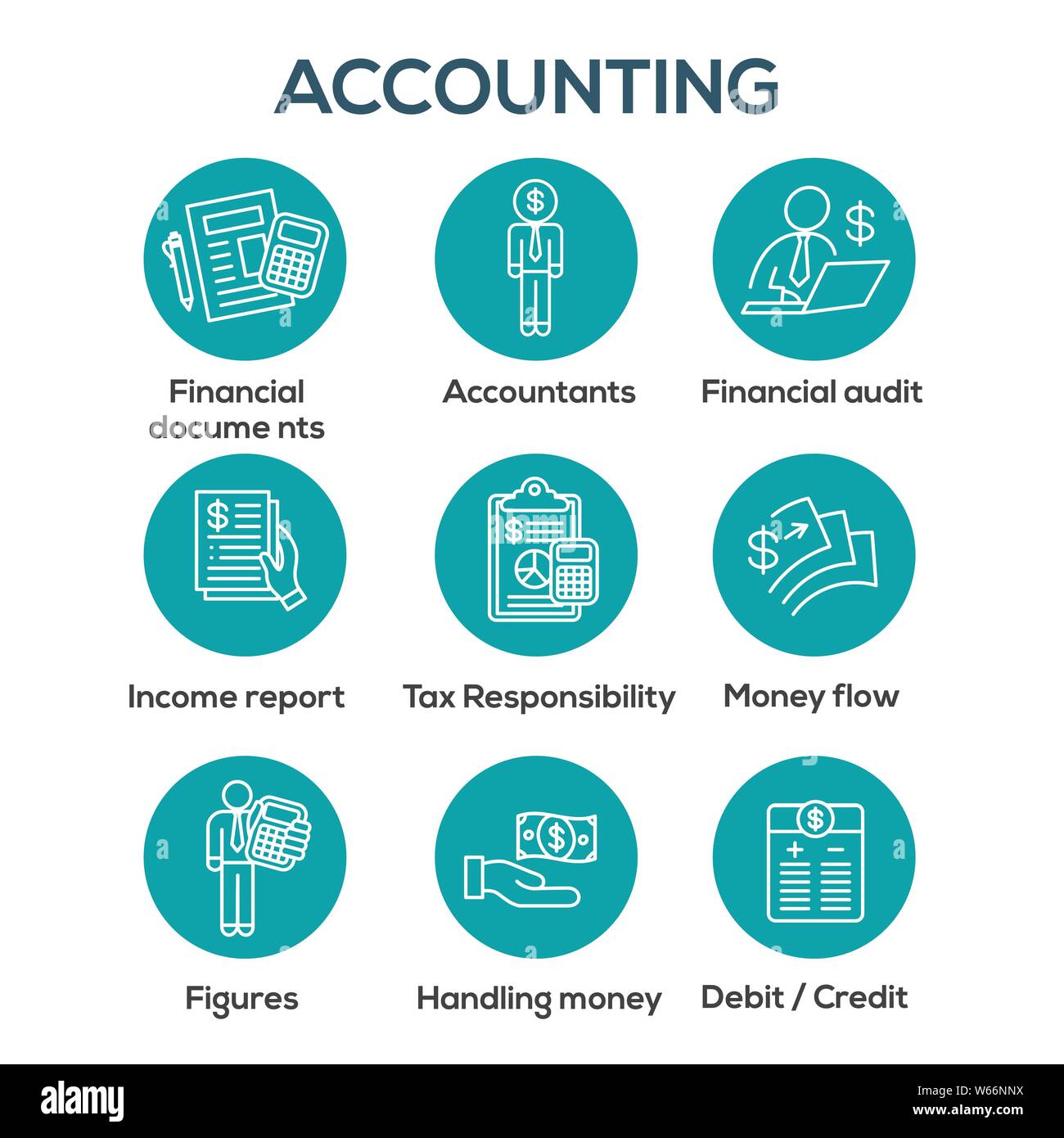 Accountant or Accounting Icon Set w money, accountant and figures ...