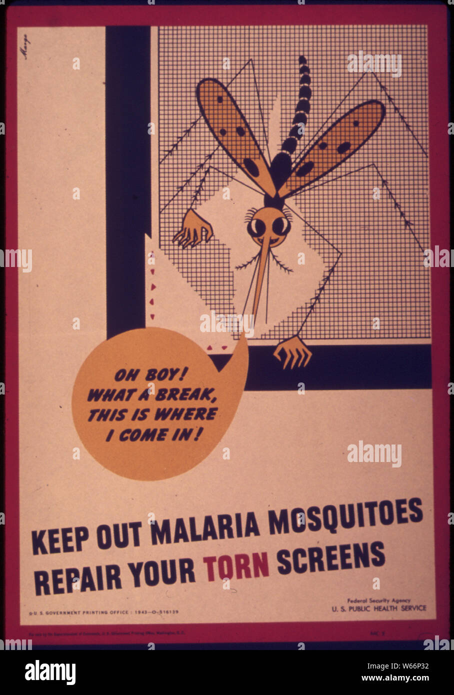 Keep out malaria mosquitoes repair your torn screen Stock Photo - Alamy