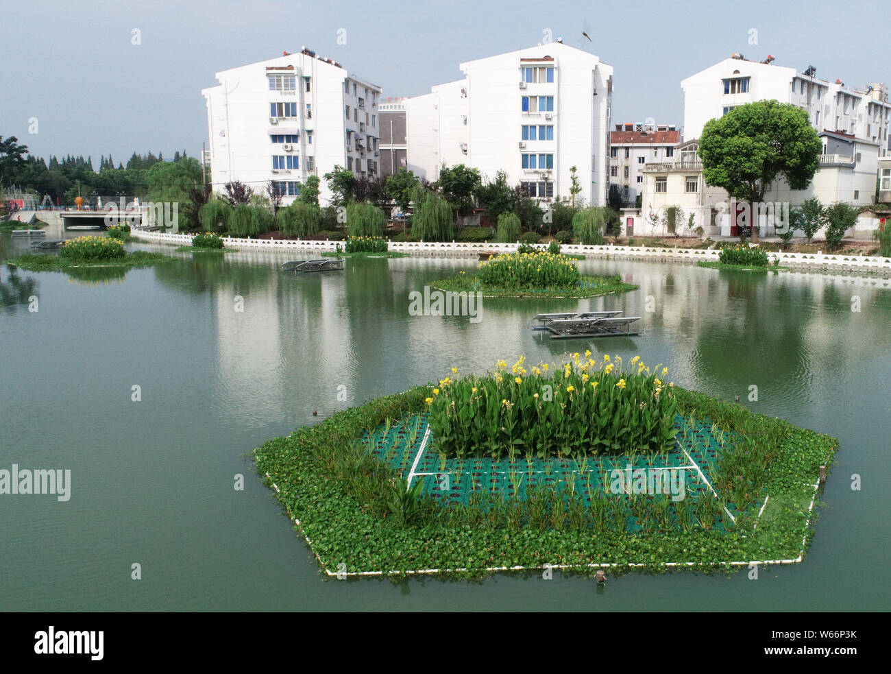 Aerial view of artificial floating islands set in a river for water ...