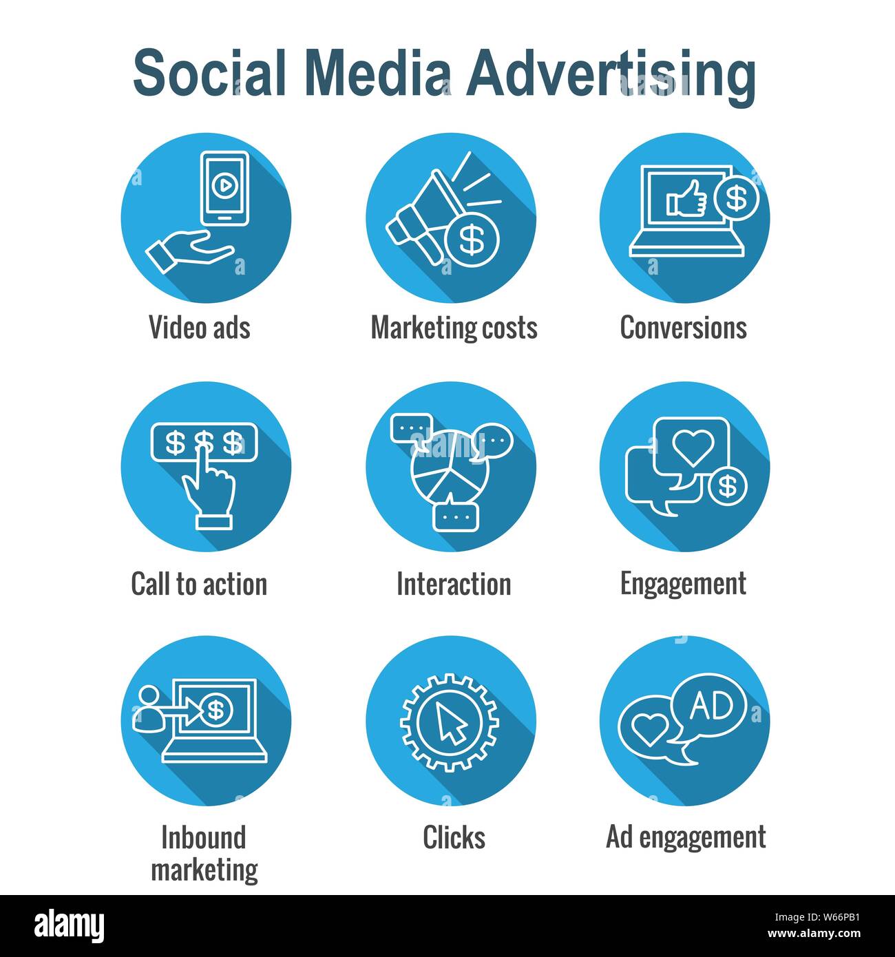 Social Media Ads Icon Set - video ads, user engagement, etc Stock ...
