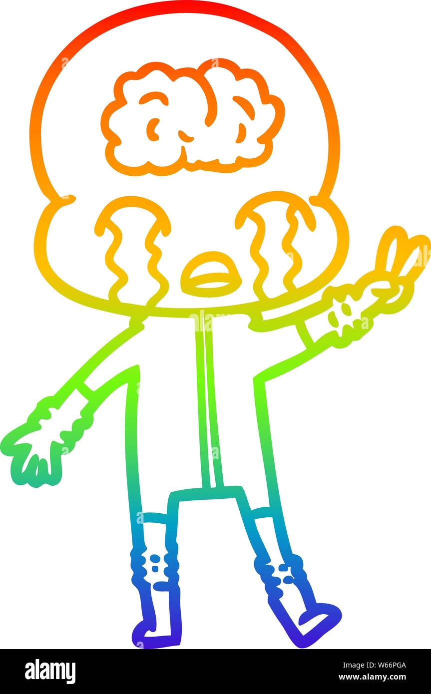 rainbow gradient line drawing of a cartoon big brain alien crying and ...