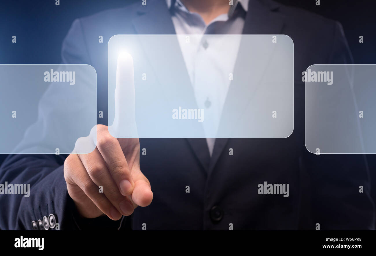 Man scrolling with finger digital windows with free space Stock Photo ...