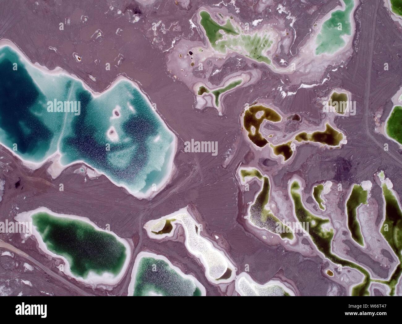 Aerial view of the Da Qaidam salt lake featuring the shape of emeralds ...