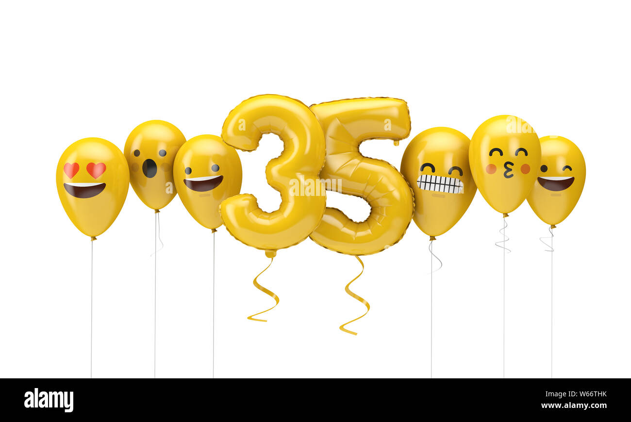 Number 35 yellow birthday emoji faces balloons. 3D Render Stock Photo ...