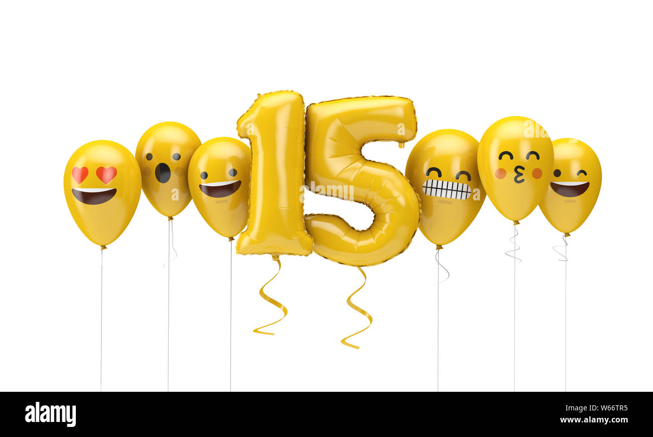 Number 15 yellow birthday emoji faces balloons. 3D Render Stock Photo ...