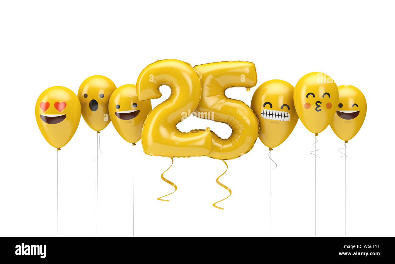 Number 25 yellow birthday emoji faces balloons. 3D Render Stock Photo ...
