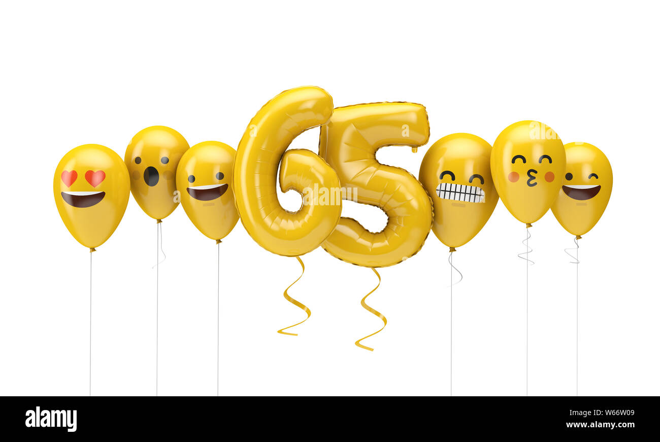 Number 65 yellow birthday emoji faces balloons. 3D Render Stock Photo ...