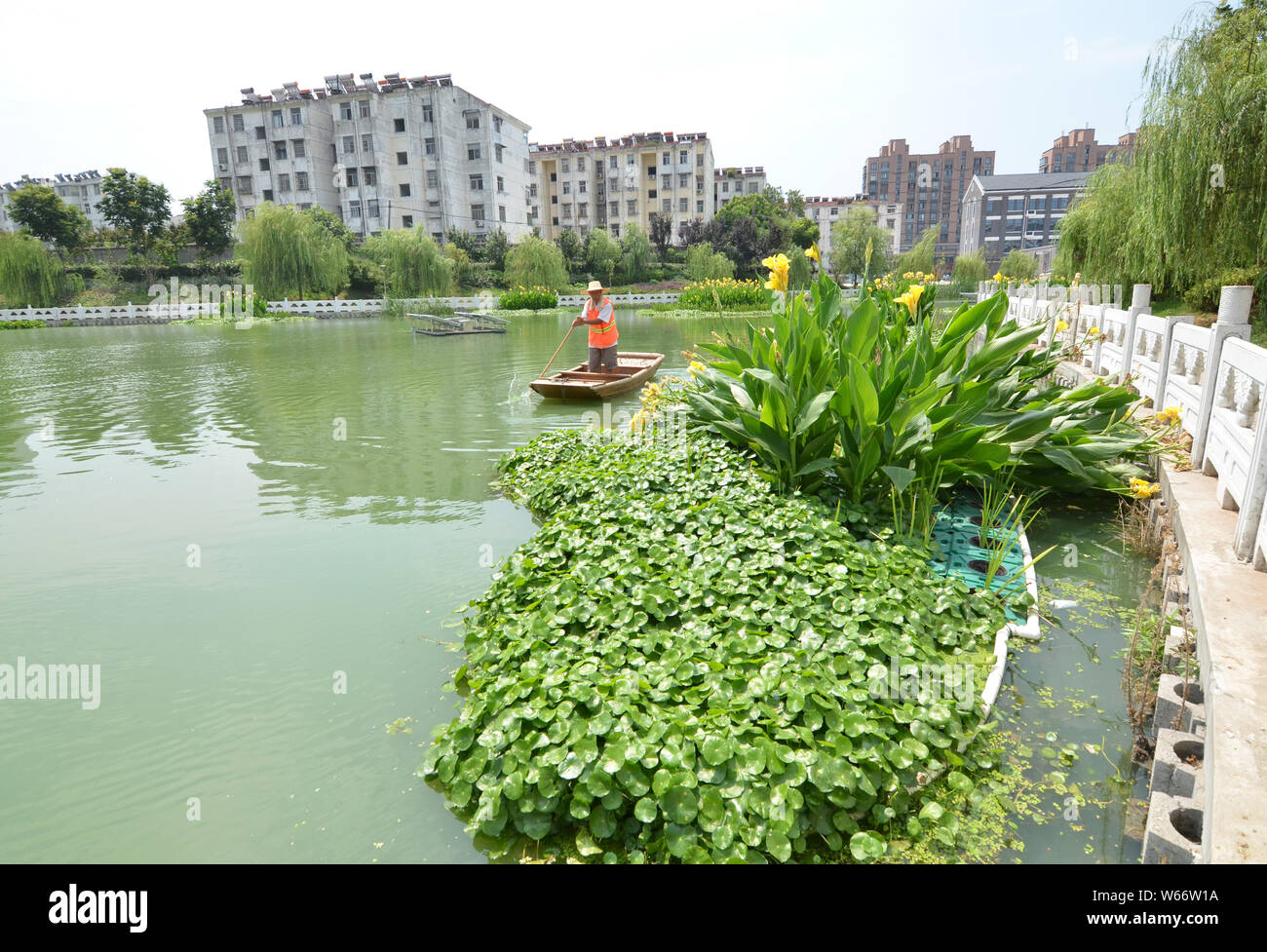 Aerial view of artificial floating islands set in a river for water ...