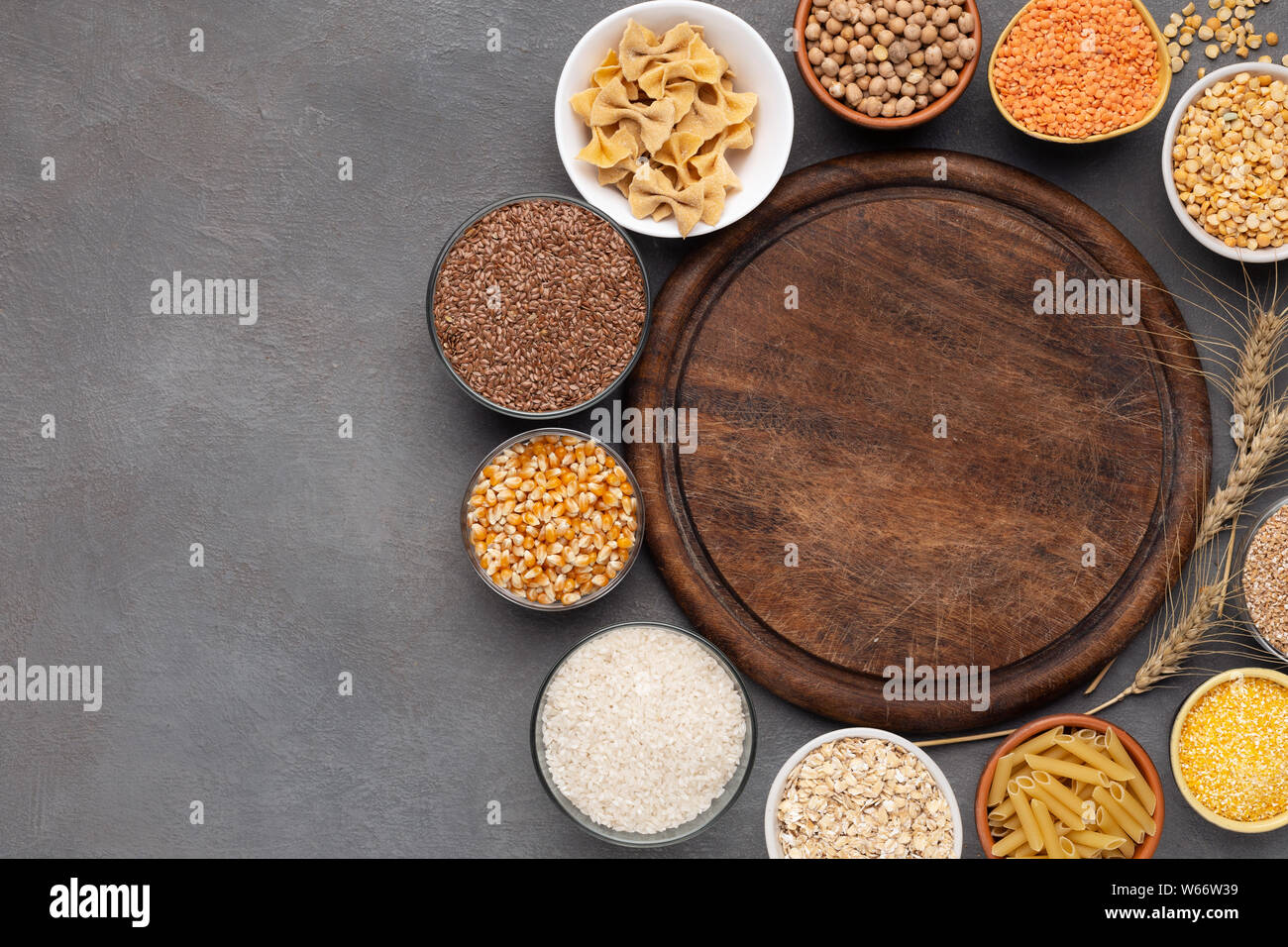Round various of gluten free grains with copy space Stock Photo - Alamy