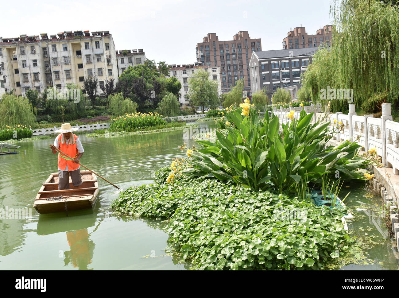 Aerial view of artificial floating islands set in a river for water ...
