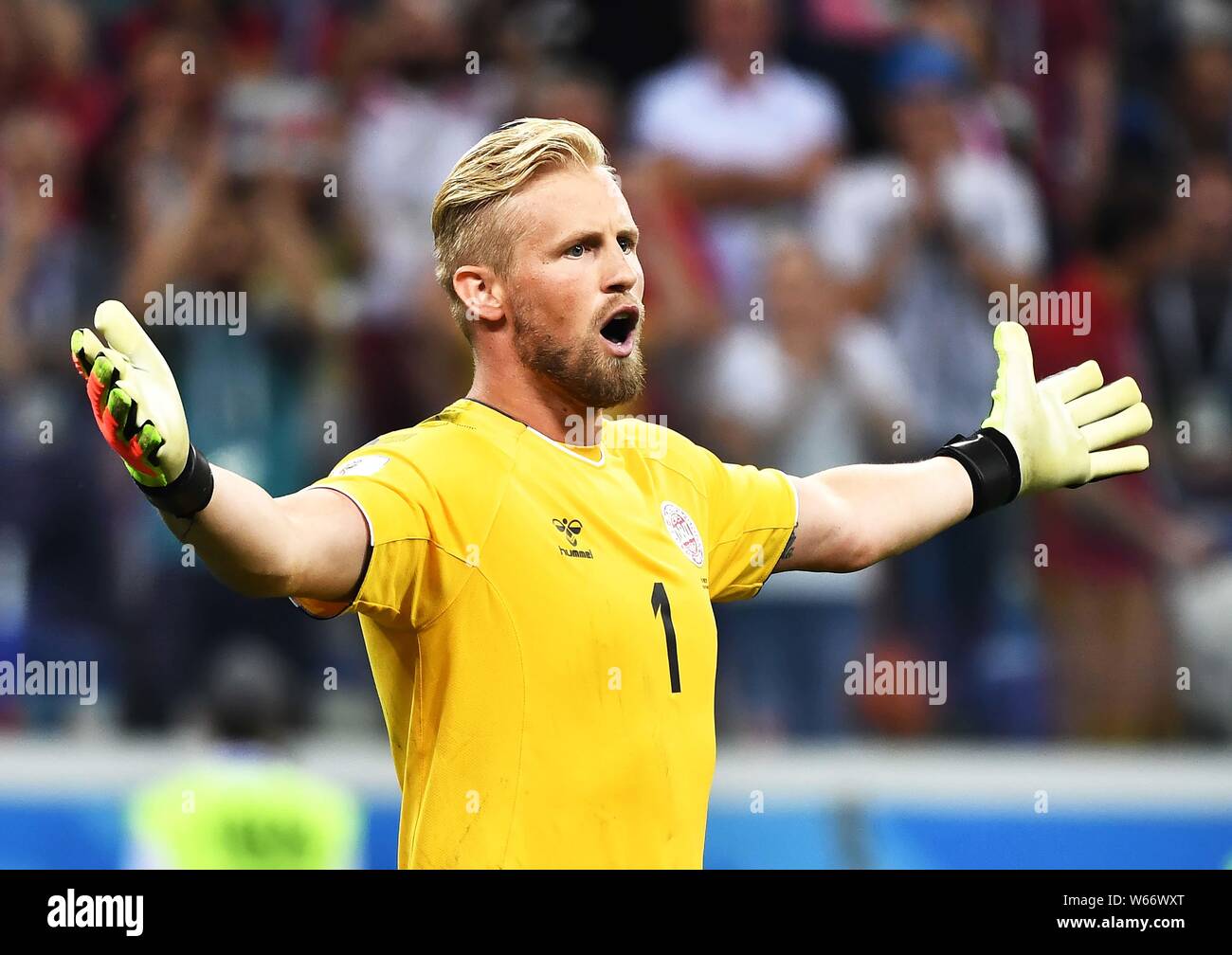 Goalkeeper Kasper Schmeichel of Denmark reacts after saving a penalty ...