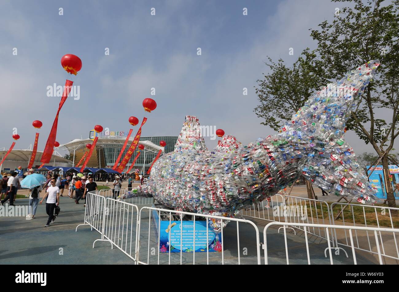 View of a "whale shark" made of waste plastic bottles to raise ...