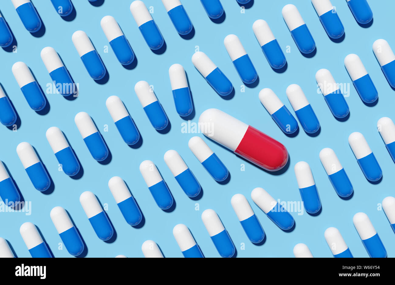 A large red pill capsule disrupting rows of blue pills. 3D render ...