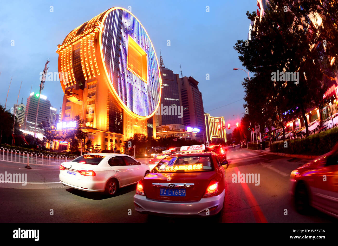 Night view of the Fang Yuan Building in the shape of an old Chinese ...