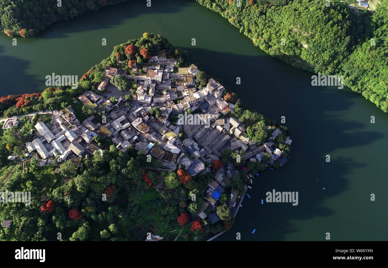 Aerial view of the Zhenshan Ethnic Village surrounded by beautiful ...
