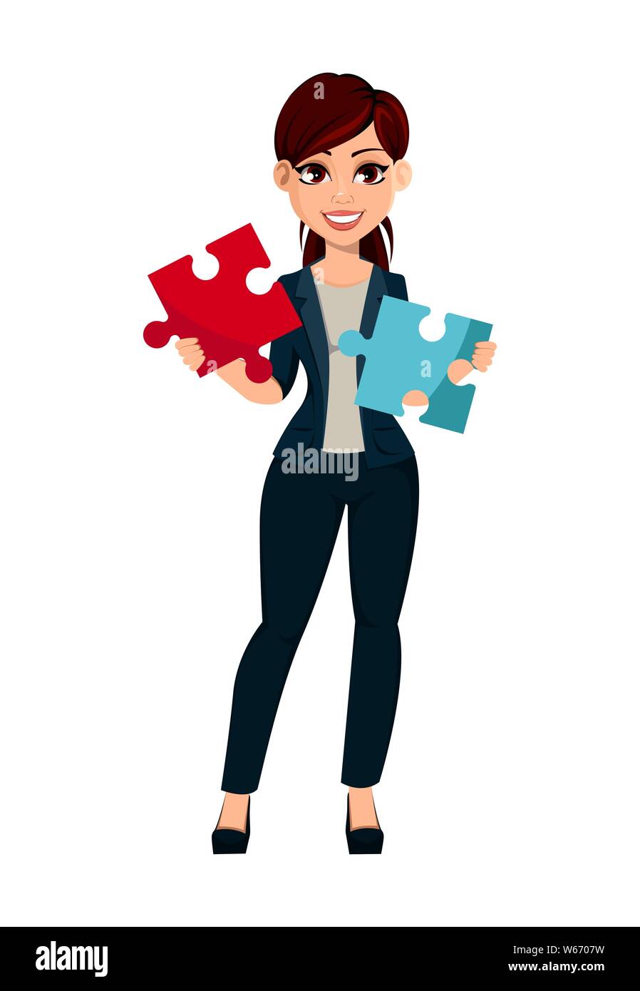 Young beautiful business woman holding two pieces of puzzle. Cute ...