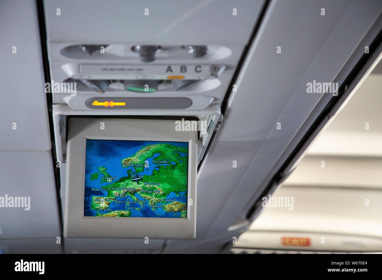 Airplane screen showing map of Europe Stock Photo - Alamy