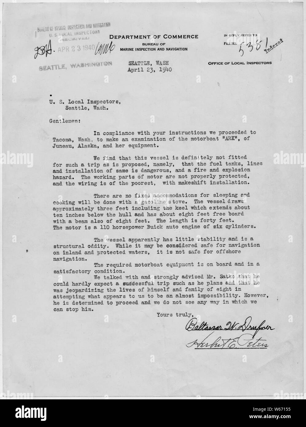 Letter concerning the conditions aboard the ARK OF JUNEAU Stock Photo ...