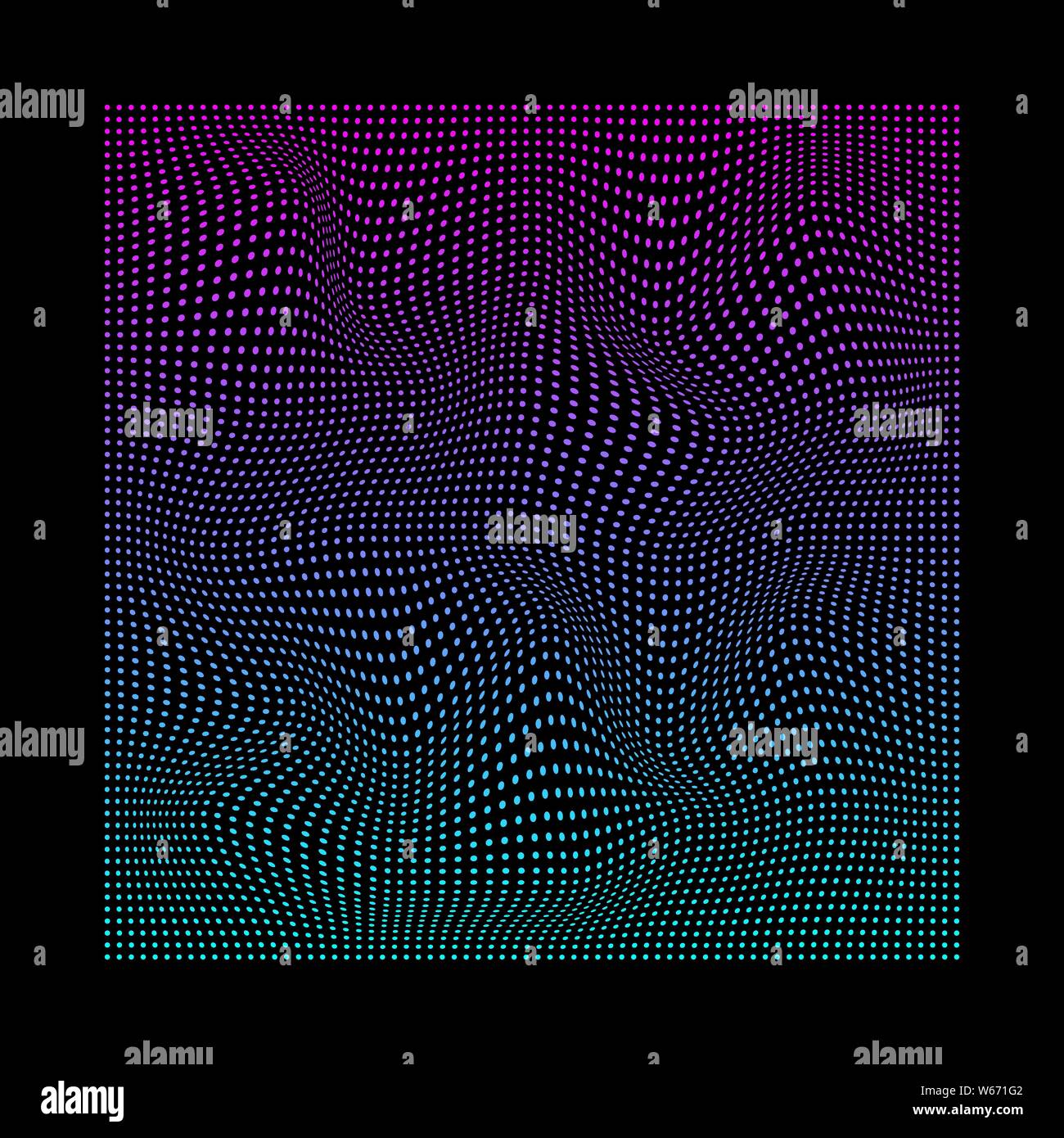 Glitched square of small particles in neon vivid colors on black ...