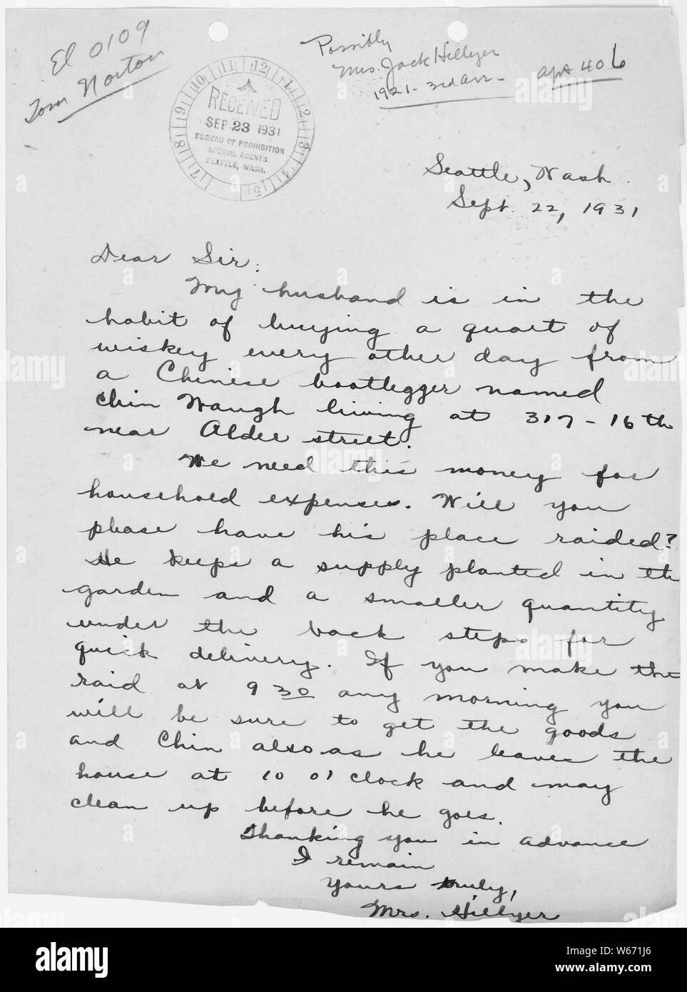 Letter from Mrs. Hillyer concerning her husband's drinking activities ...