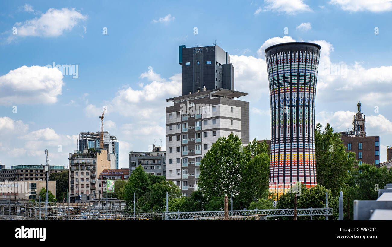 Milan, Italy; July 2019 : The Torre Arcobaleno or Rainbow Tower is a ...